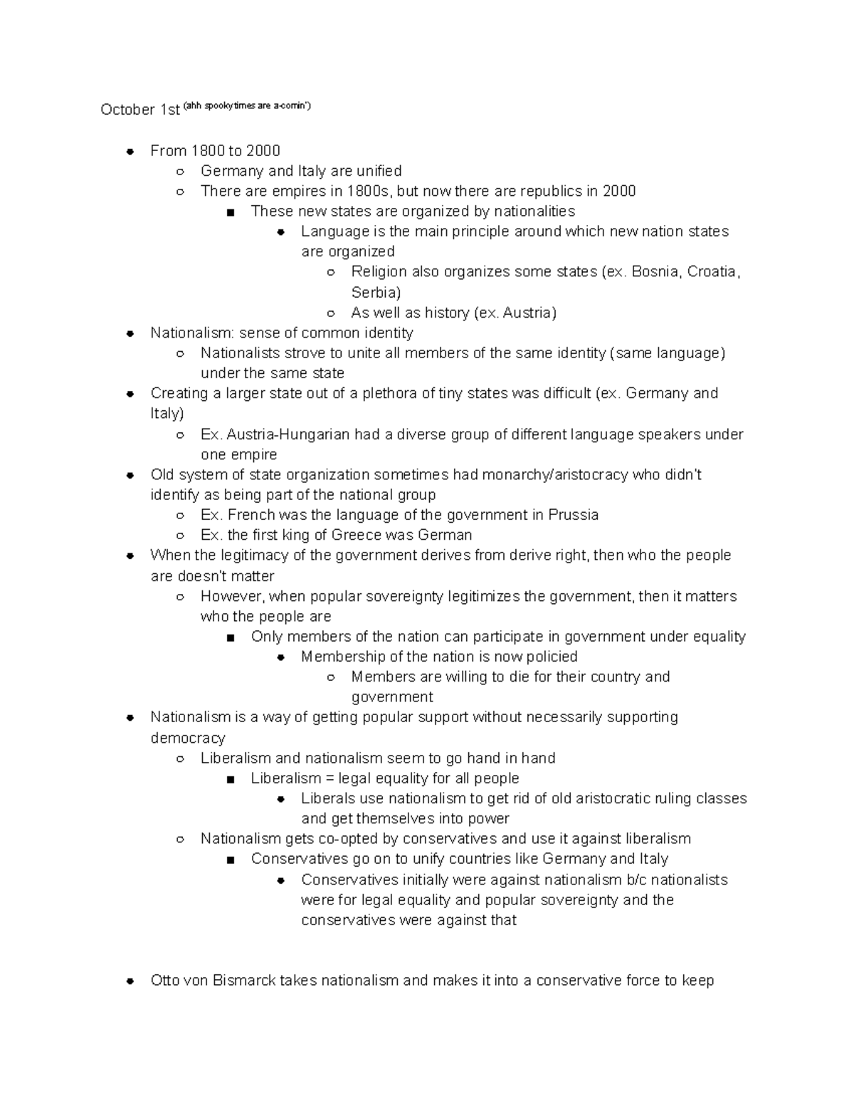 Nationalism and National Unification lecture notes (HIST-102) - October ...