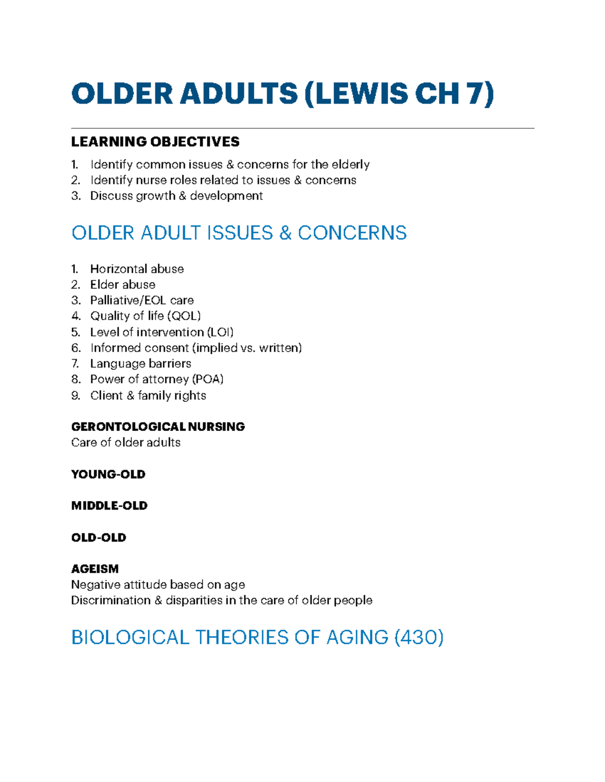 Module 1 - OLDER ADULTS (LEWIS CH 7) LEARNING OBJECTIVES Identify ...