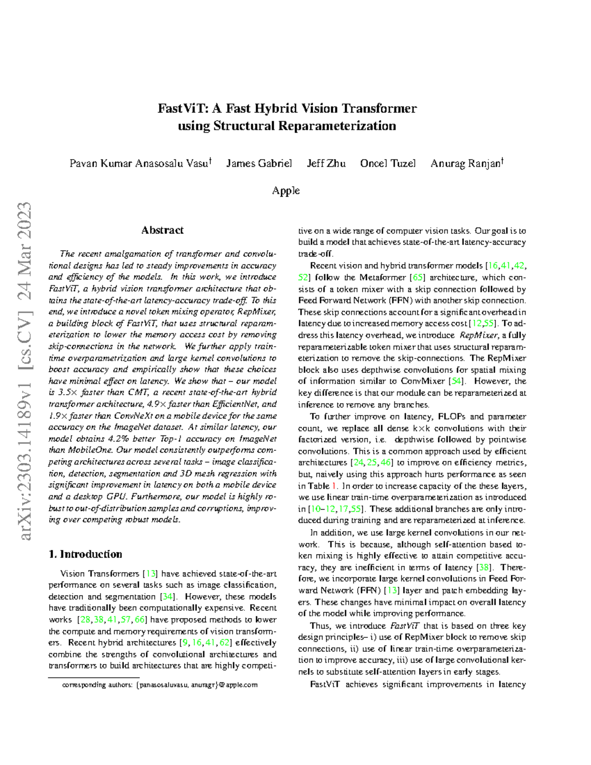 Fast Vi T - A Fast Hybrid Vision Transformer using Structural Reparameterization - FastViT: A ...