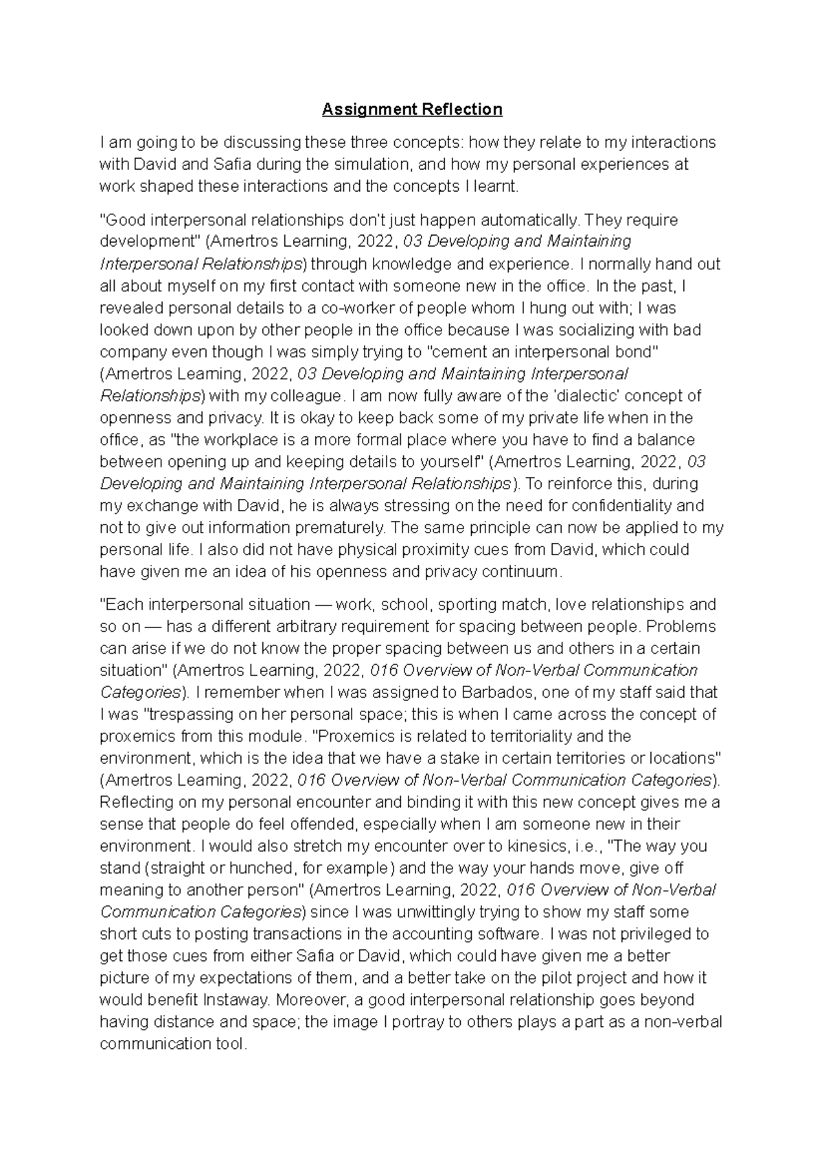 Assignment Reflection - "Good interpersonal relationships don’t just ...