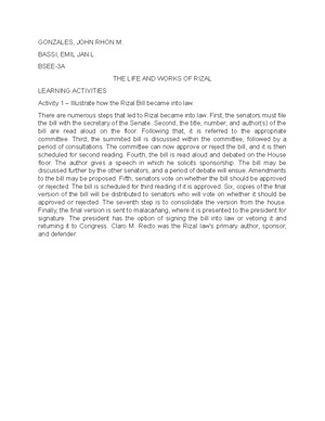 Rizal law-Activity 2 - Activity 2 – Essay Writing. Assessing the effectiveness of Rizal law ...
