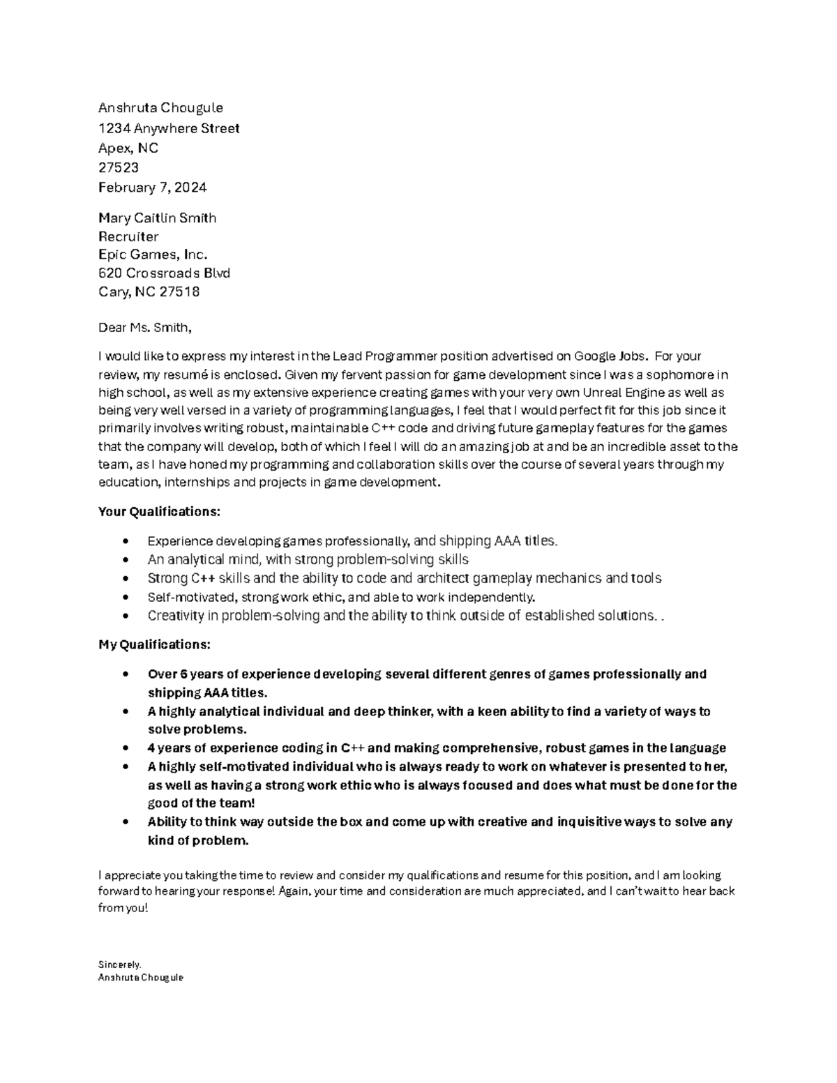 BMT Cover Letter - PDF - Anshruta Chougule 1234 Anywhere Street Apex, NC 27523 February 7, 2024 ...