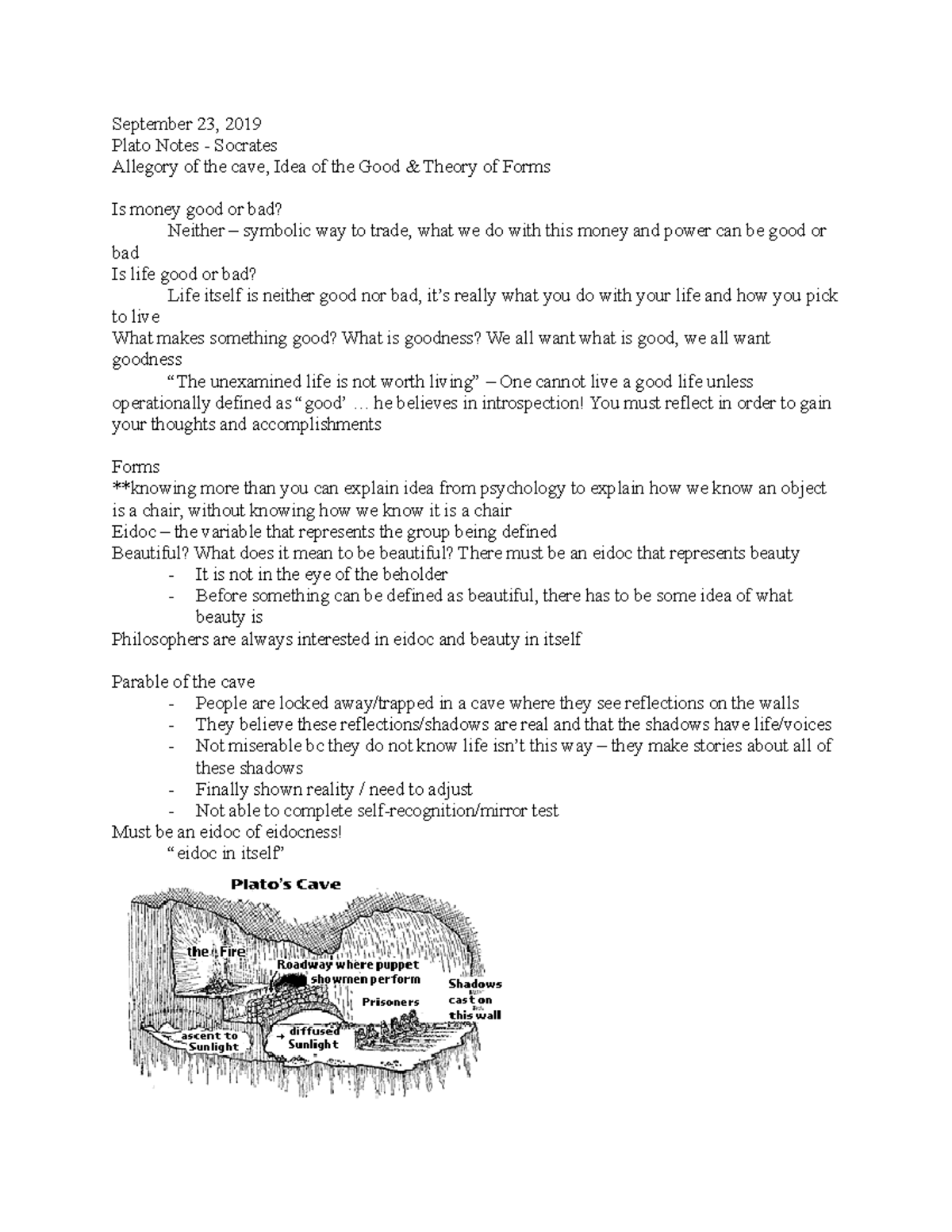 Plato notes - September 23, 2019 Plato Notes - Socrates Allegory of the ...
