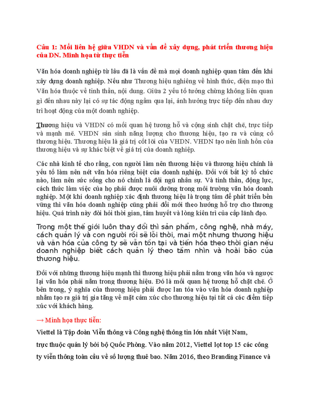 thi Cuối kì VHDN - Câu 1: Mối liên hệ giữa VHDN và vấn đề xây dựng, phát triển thương hiệu của ...
