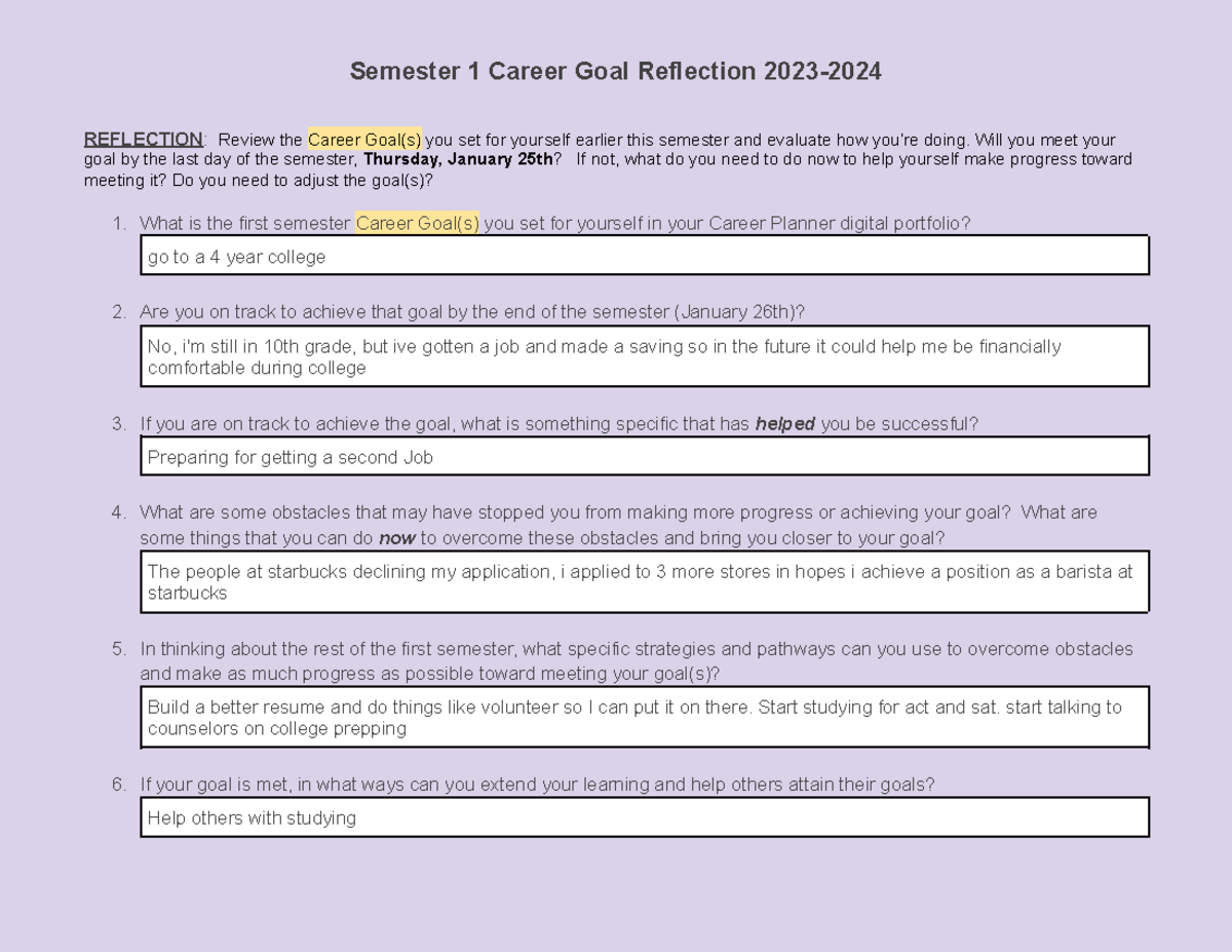 Tri Cao - 23 KS S1 Career Goal Reflection 2023-2024 - Semester 1 Career ...