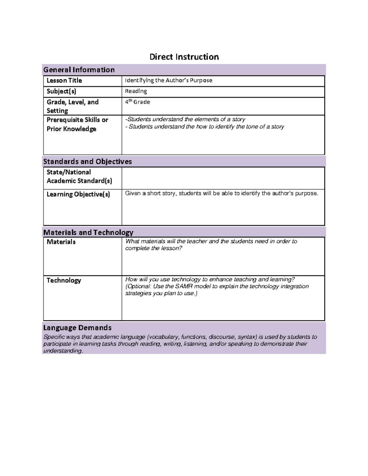 Identifying the Author’s Purpose - Direct Instruction General ...