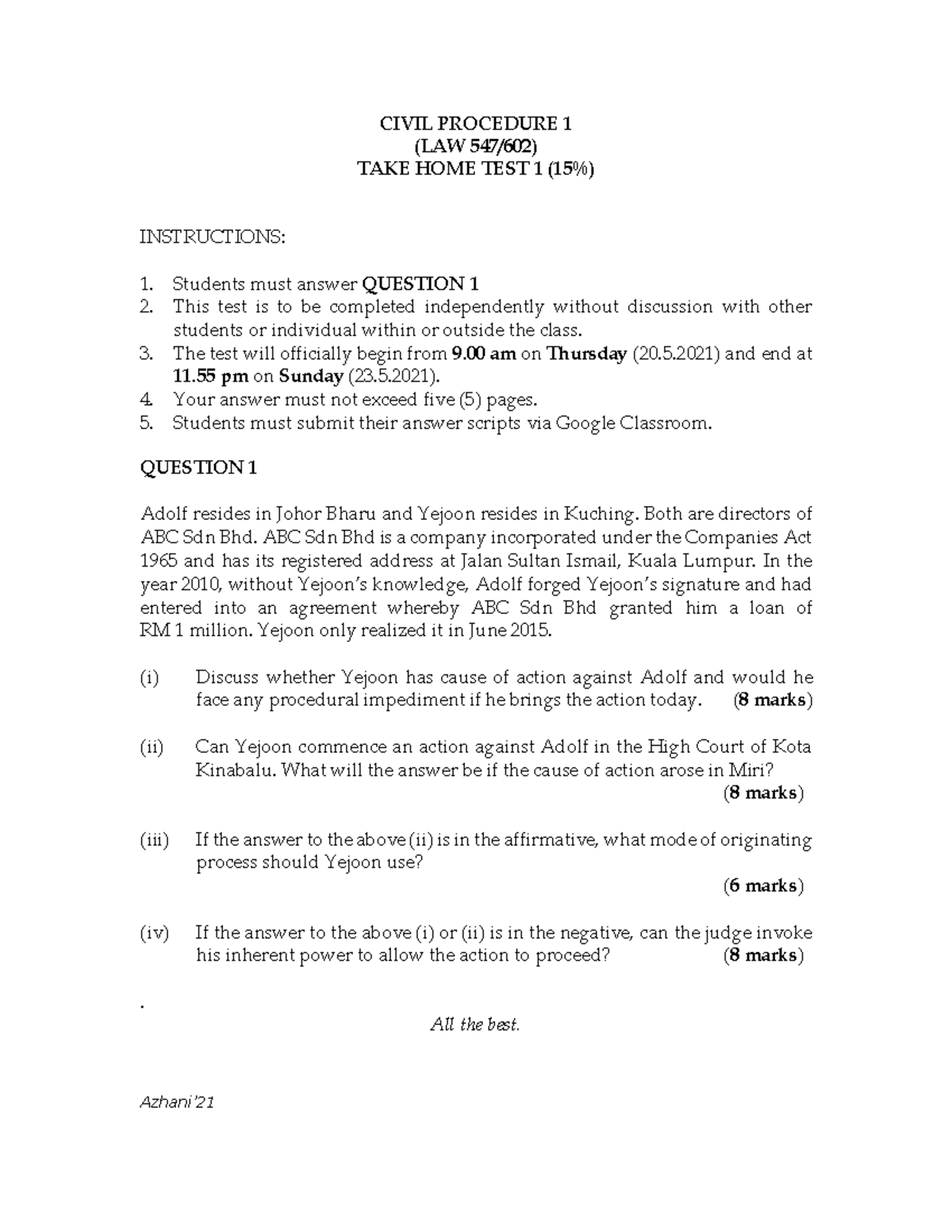 LAW602 - Test 1 take home for reference - CIVIL PROCEDURE 1 (LAW 547/ ...