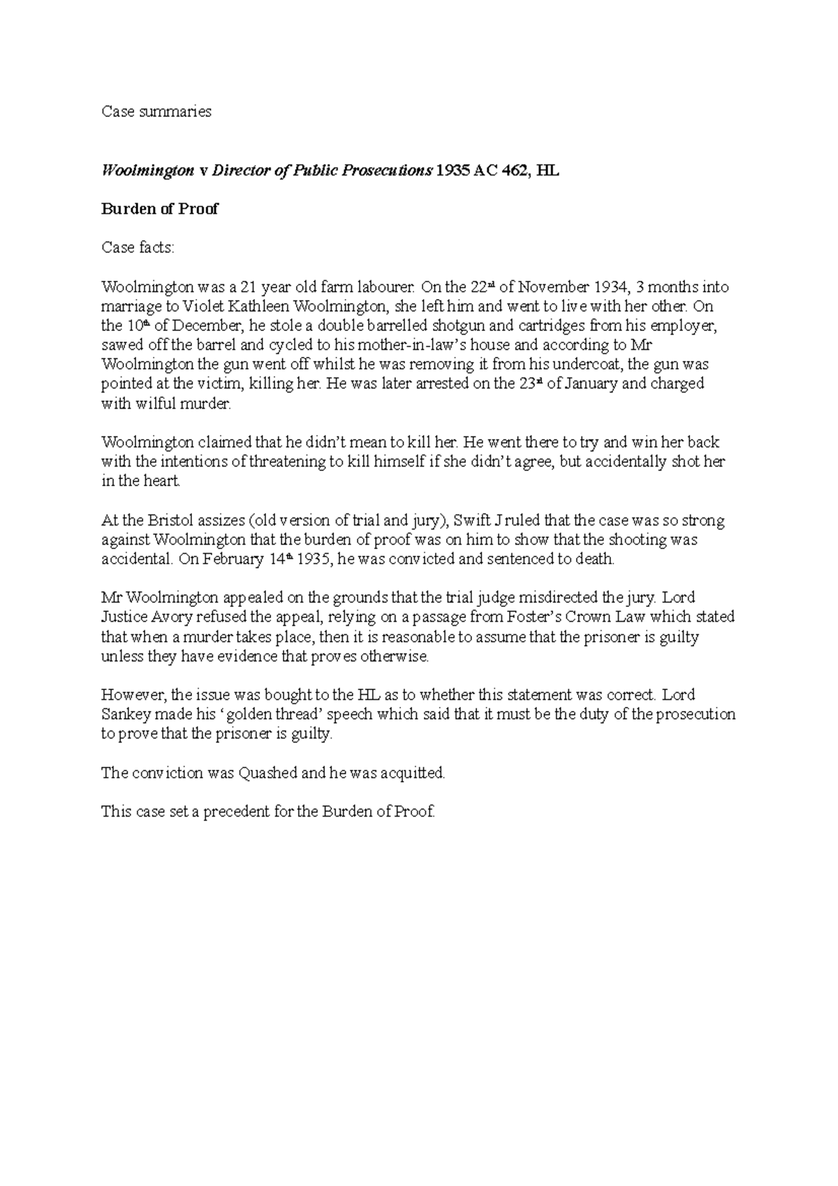 Woolmington v Director of Public Prosecutions case summary - Case ...