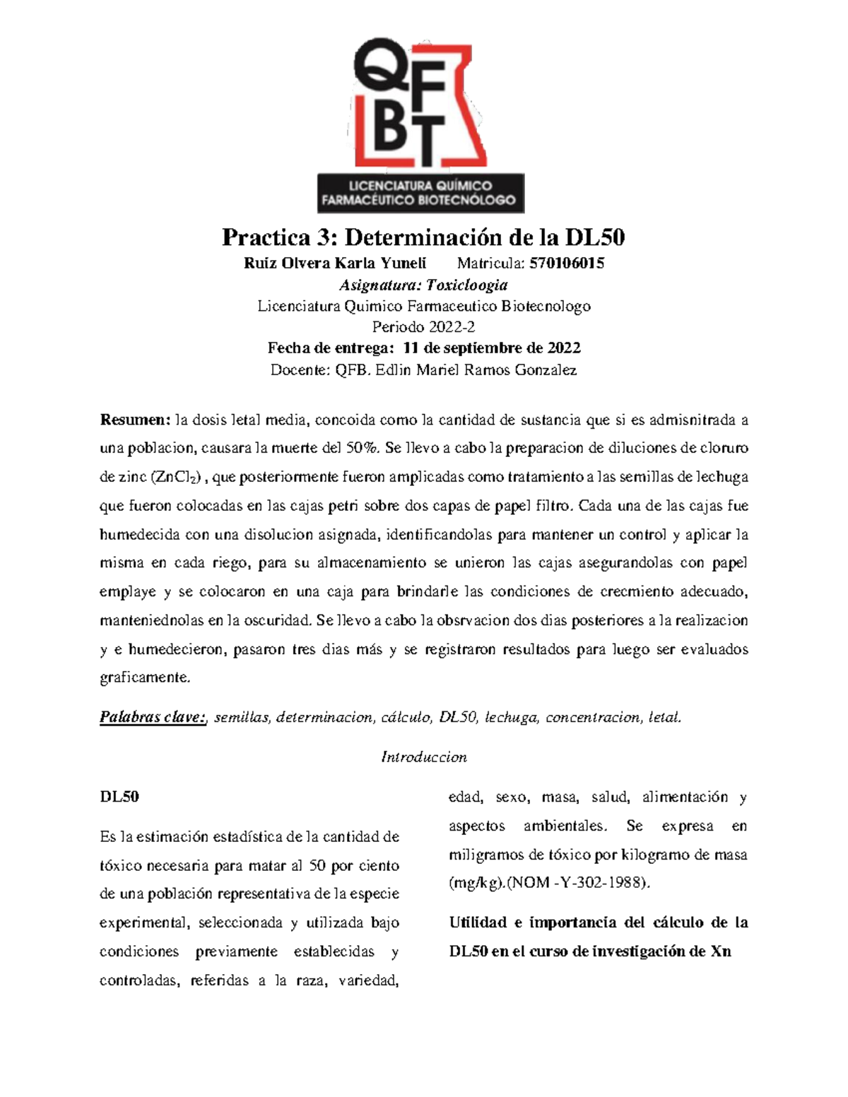 Practica 3 - Determinación de la DL50 - Practica 3 : Determinación de ...