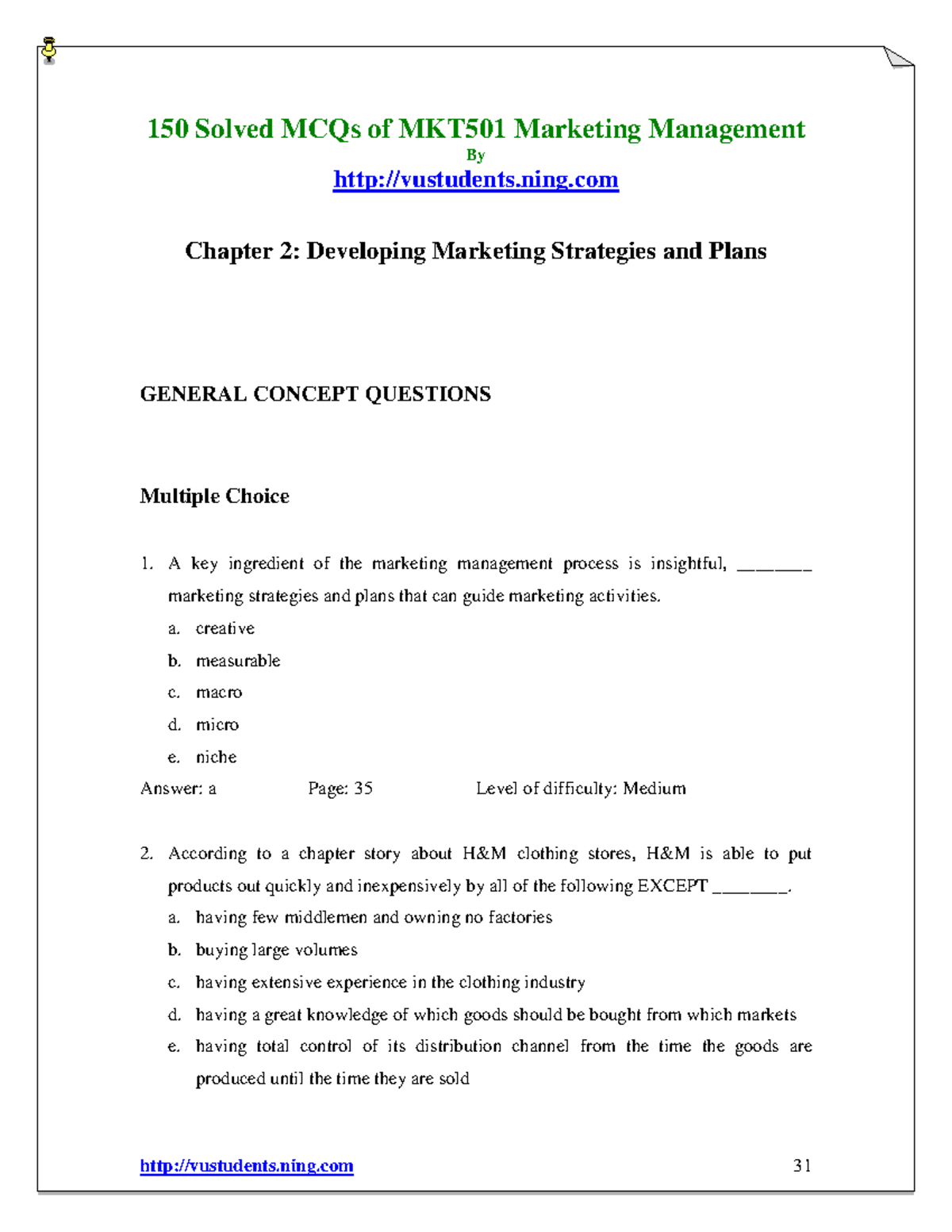 50 Solved MCQs of MKT501 Marketing Manag - vustudents.ning 31 150 ...