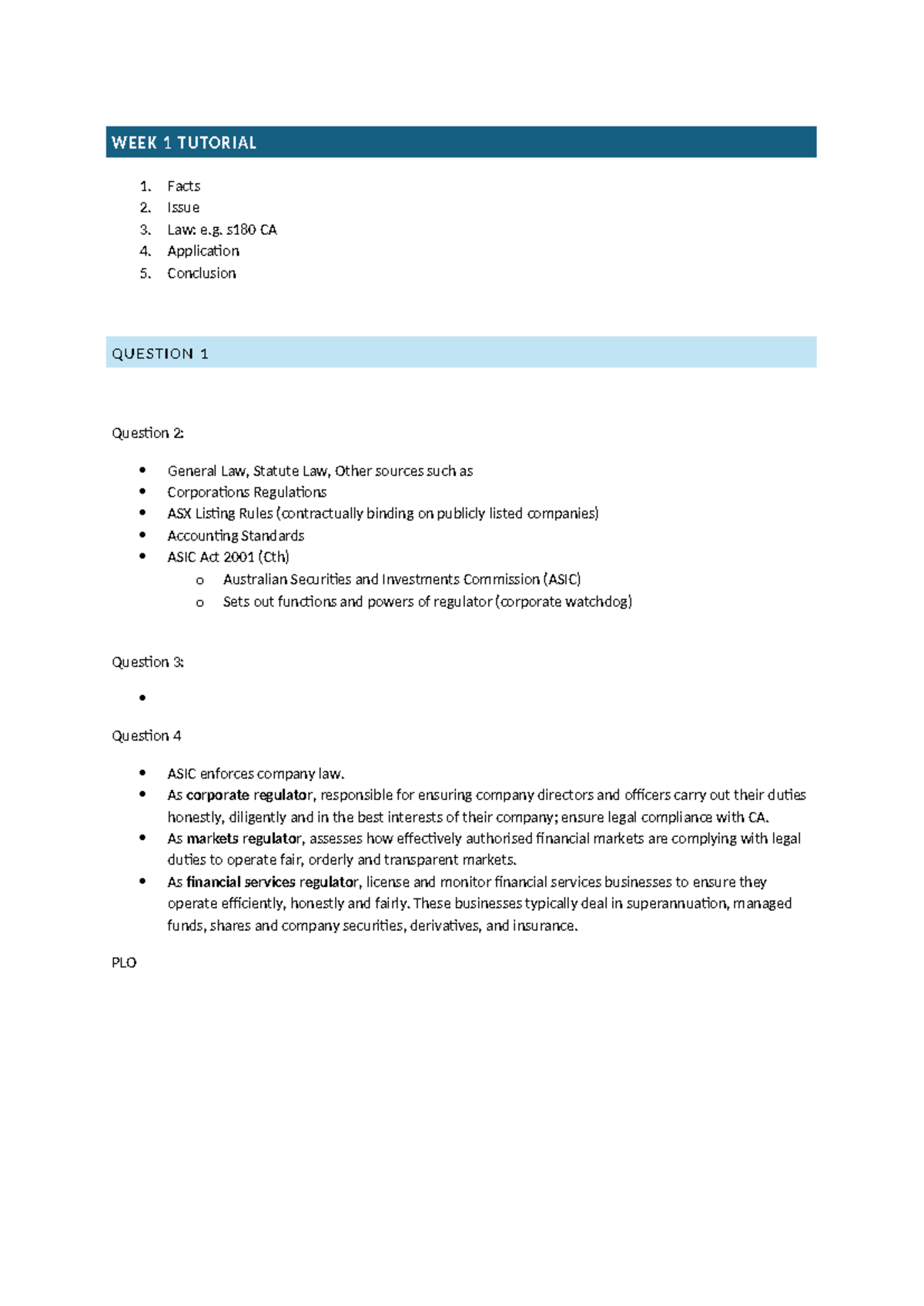TABL2741 Tutorial - 2024 - WEEK 1 TUTORIAL 1. Facts 2. Issue 3. Law: e. s180 CA 4. Application 5 ...