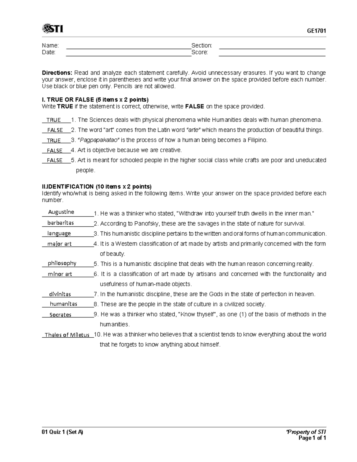 01 Quiz ART AND Humanities - GE Name: Date: Section: Score: Directions: Read and analyze each ...