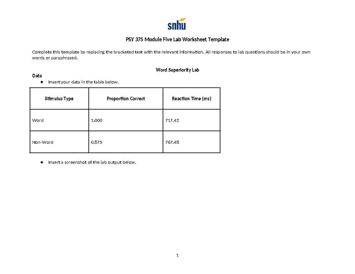 PSY 375 Module 5 Lab Worksheet Template - PSY 375 Module Five Lab ...