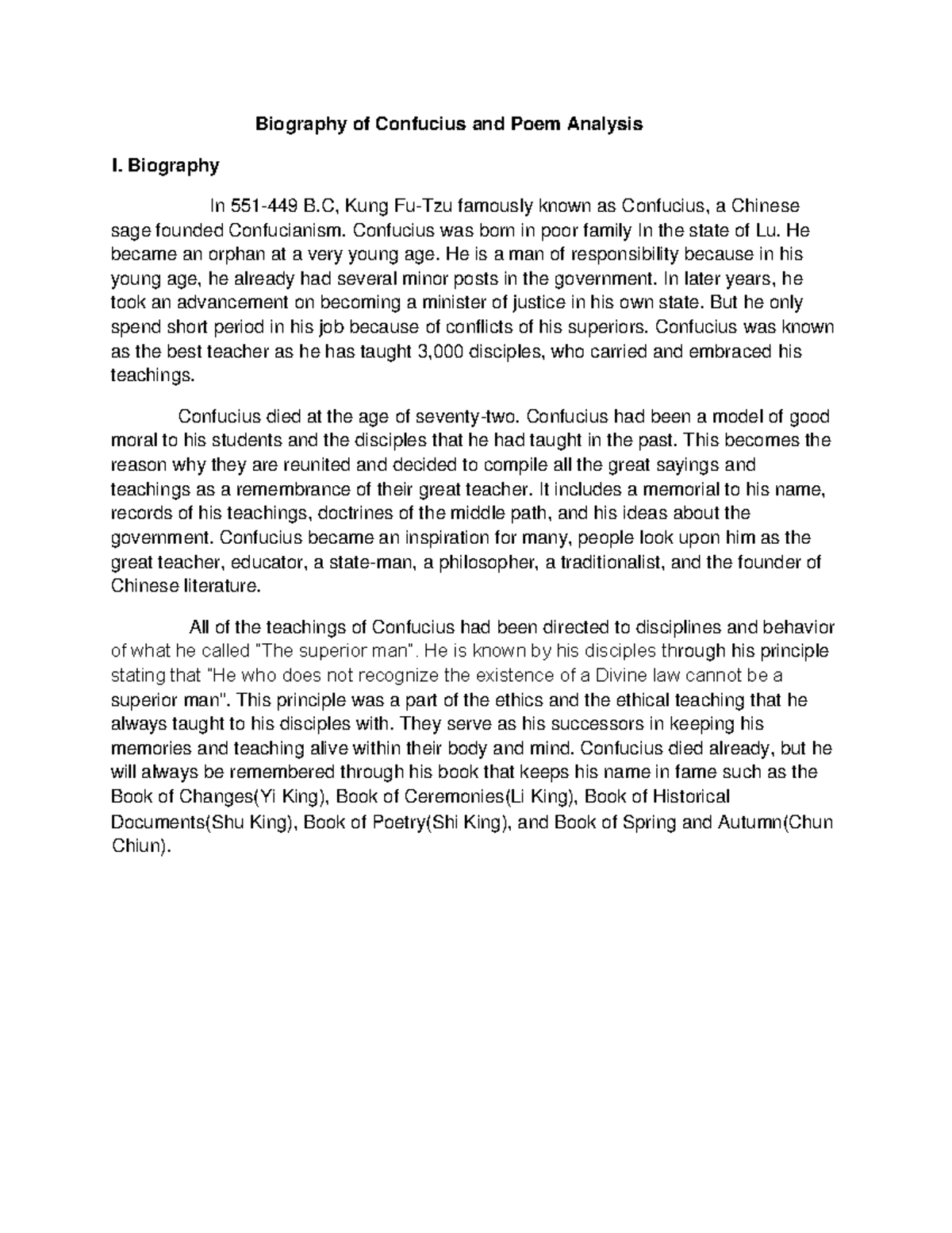 Biography of Confucius and Poem Analysis - Biography In 551-449 B, Kung ...