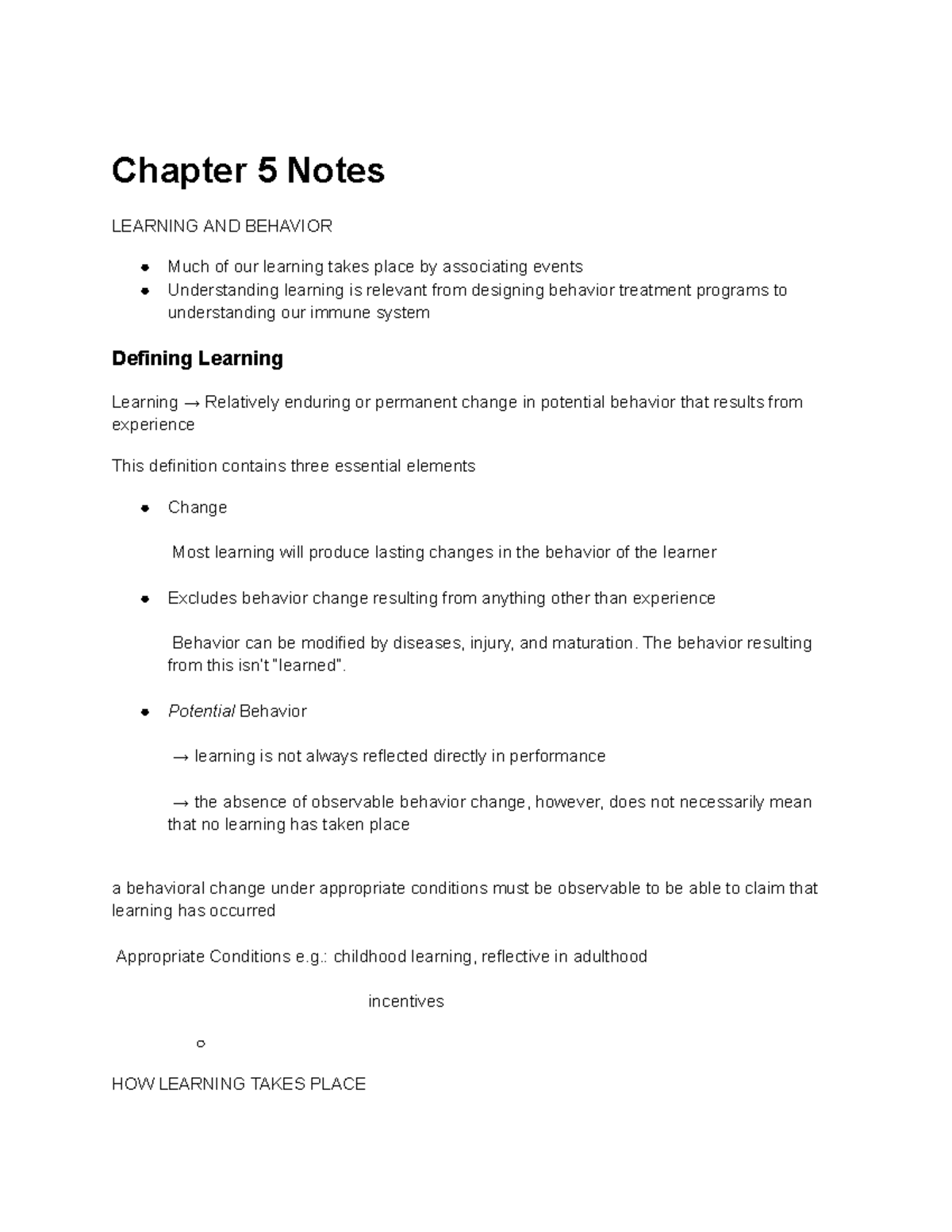 Learning Theory - Chapter 5 Notes LEARNING AND BEHAVIOR Much of our ...