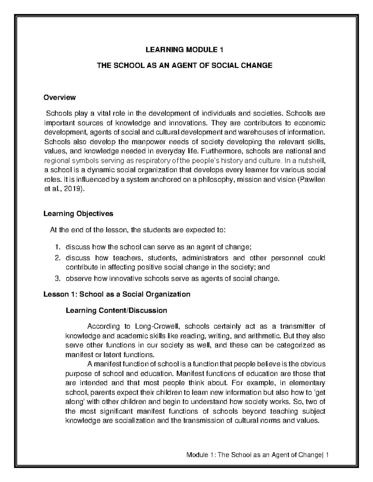 ED.6 module 1 - reading materials - Module 1: The School as an Agent of ...