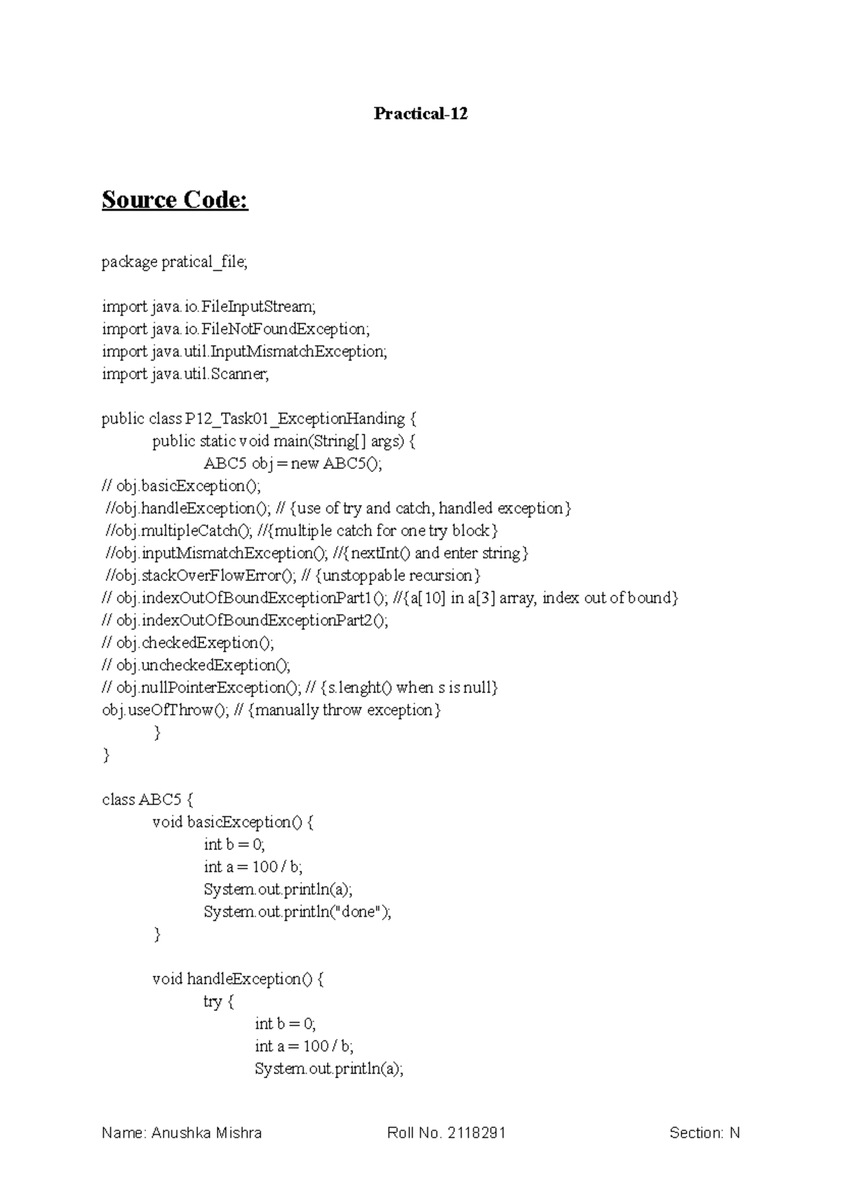 Anushkamishra java file - Practical- Source Code: package pratical_file; import java.io; import ...