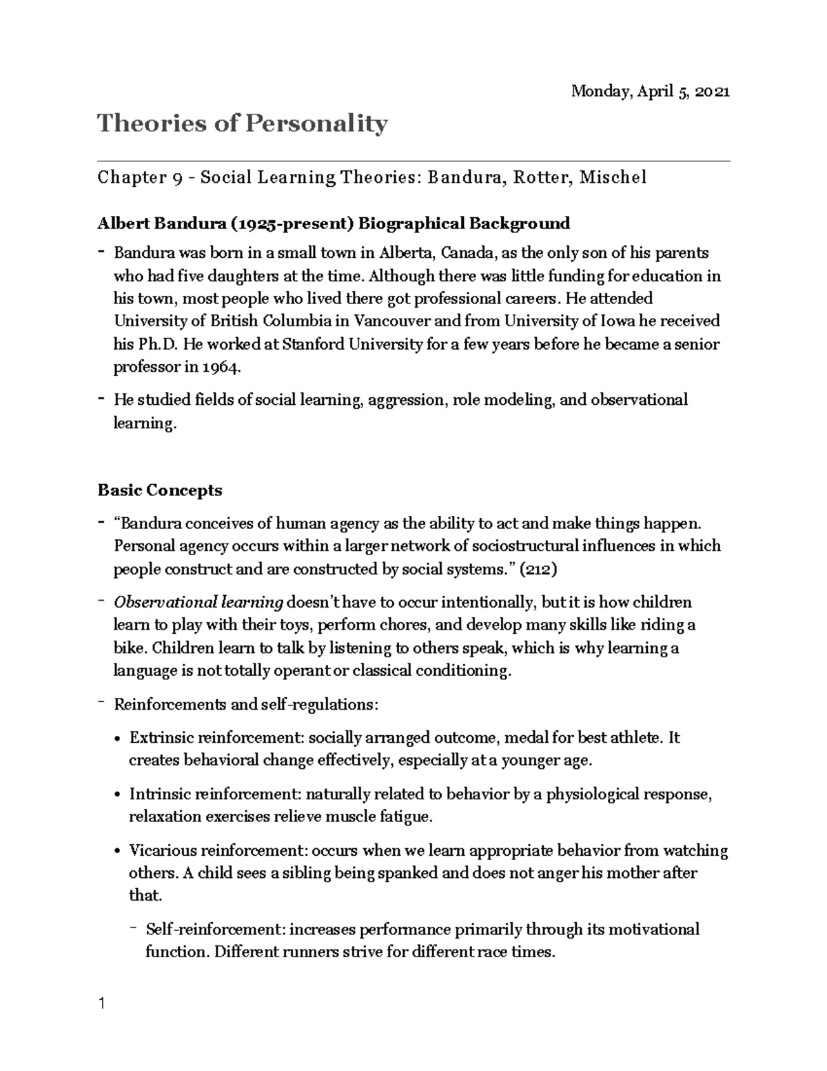 Theories of Personality Chapter 9 Notes - Bandura, Mischel - Monday ...