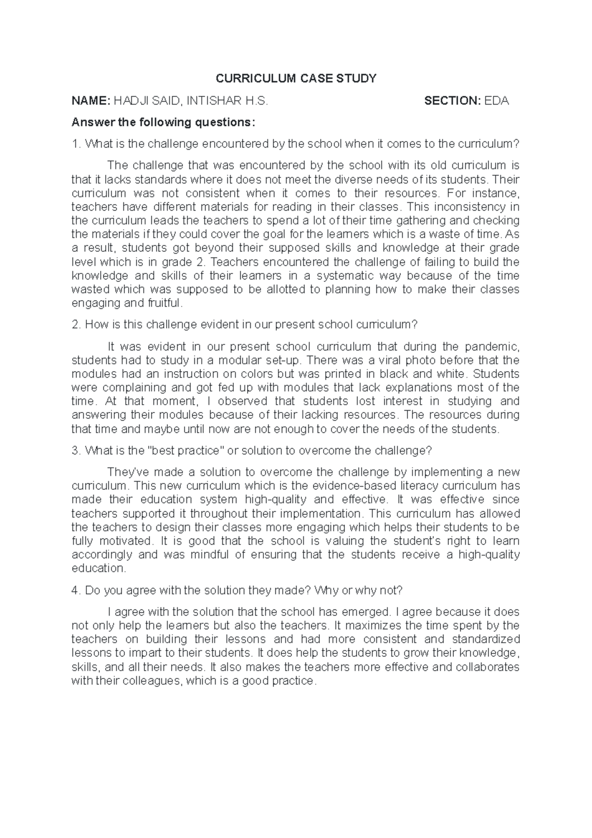 Curriculum Case Study - CURRICULUM CASE STUDY NAME: HADJI SAID, INTISHAR H. SECTION: EDA Answer ...