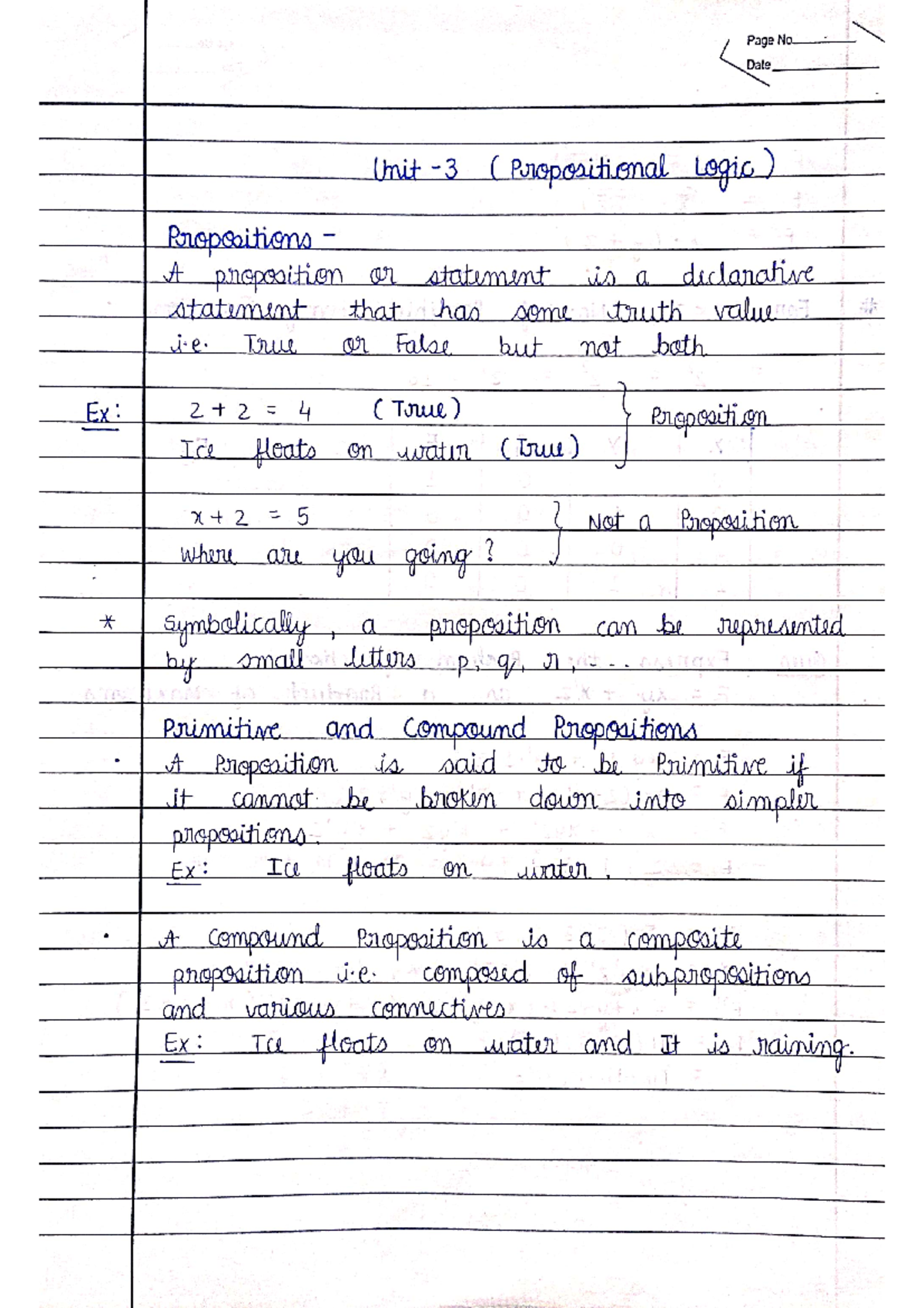 Unit 3 Theory Of Logic Unit 3 Page No Date Unit Propositional Logic Propositions A