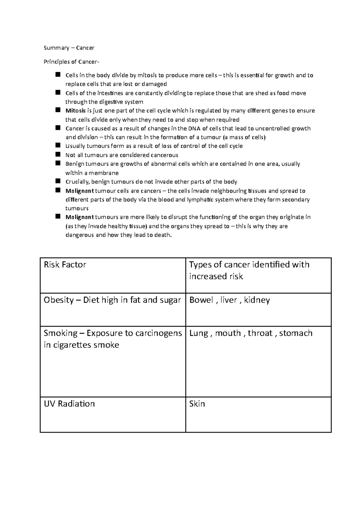 Summary- Cancer - Summary – Cancer Principles of Cancer- Cells in the ...