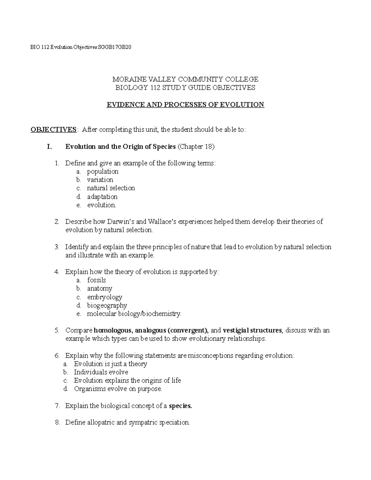 BIO-112 (Unit 2) Evolution Unit Objectives 2020 - BIO 112 Evolution Objectives SGGB17GB MORAINE ...
