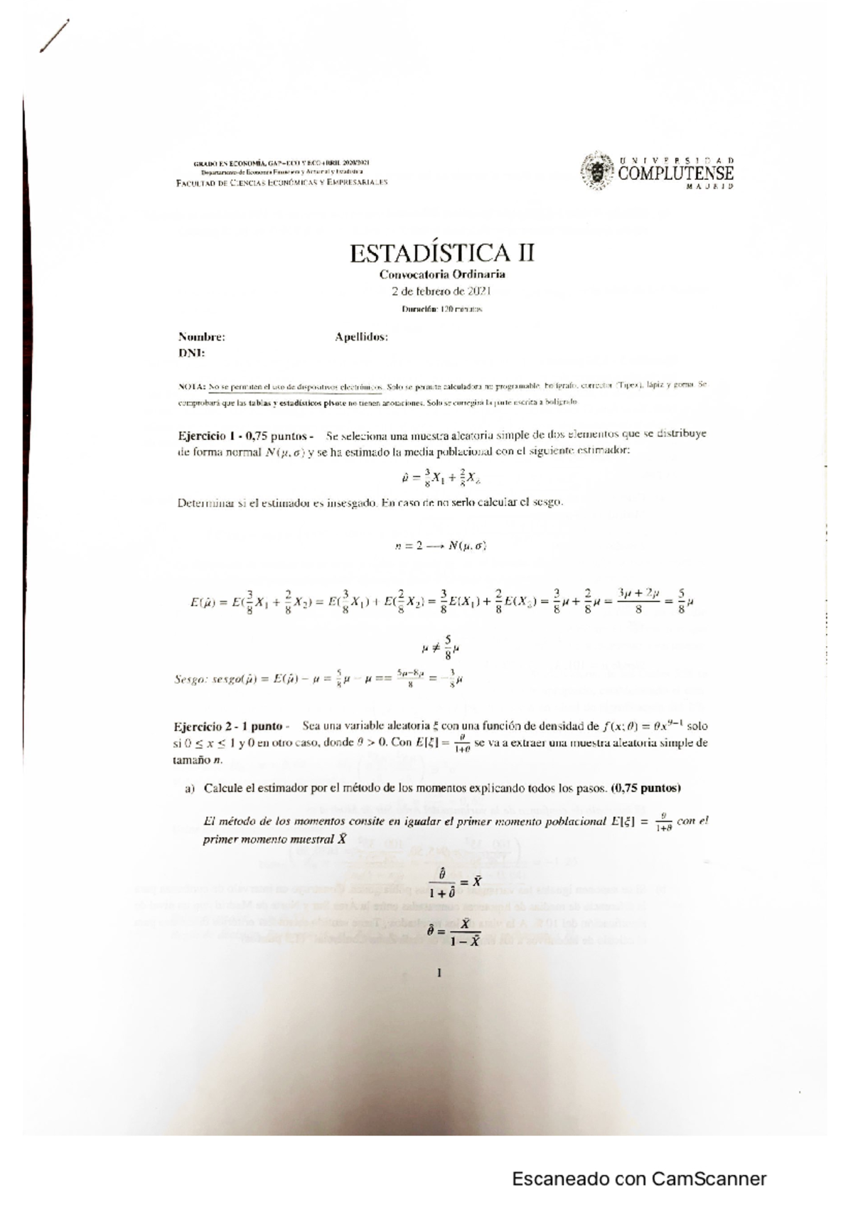 Examen estadística 2020 2021 con soluciones para repaso - Estadística 2 - Studocu