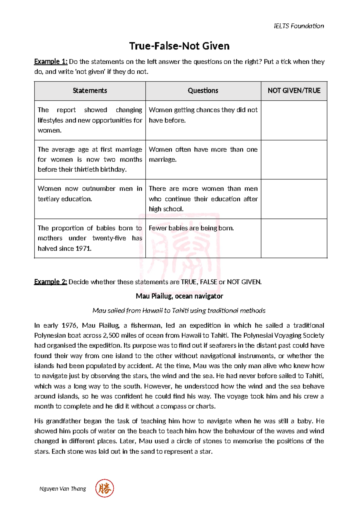 Lesson 5 - Reading - ktvm1 - True-False-Not Given Example 1: Do the ...