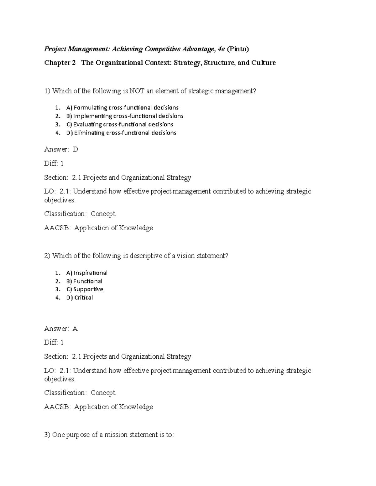 Ch 02 test bank - test bank - Project Management: Achieving Competitive ...