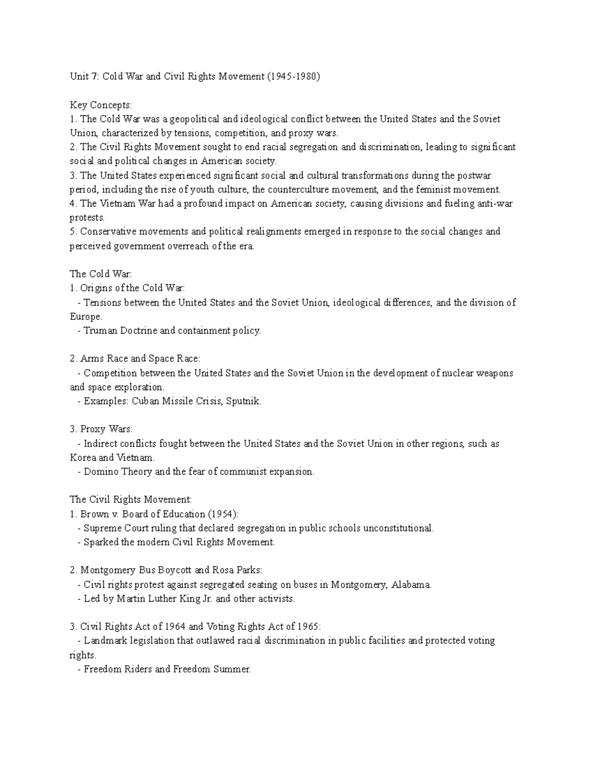 Apush U7 - Unit 7: Cold War and Civil Rights Movement (1945-1980) Key ...