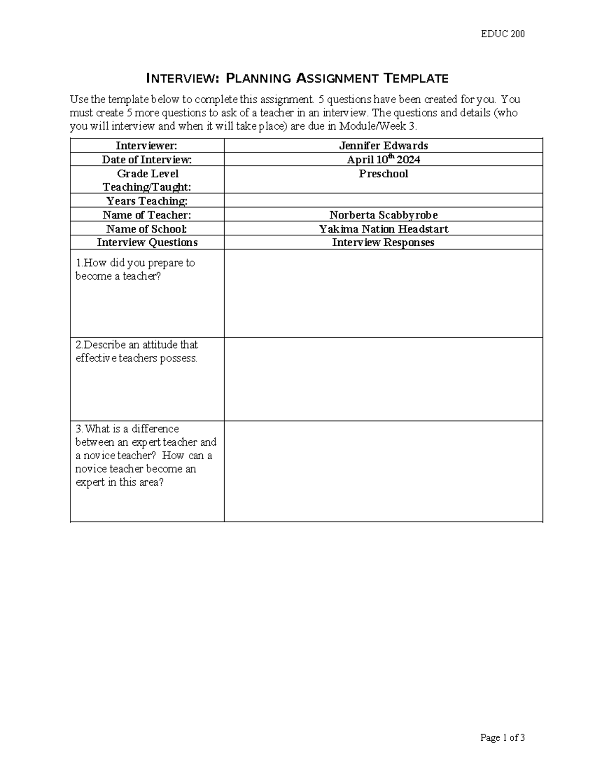 Preschool interview - EDUC 200 INTERVIEW: PLANNING ASSIGNMENT TEMPLATE ...