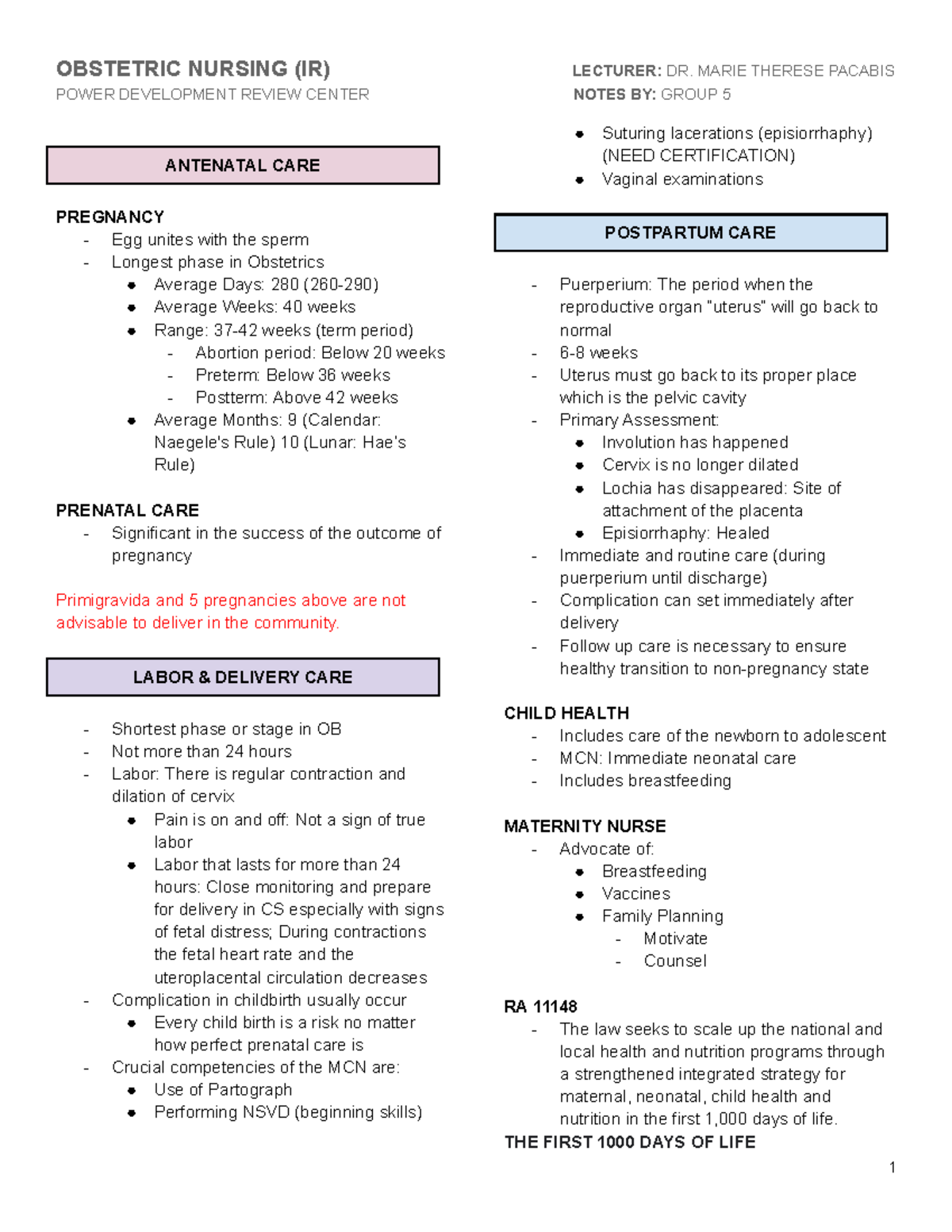 Copy of Obstetric Nursing (IR) - POWER DEVELOPMENT REVIEW CENTER NOTES ...