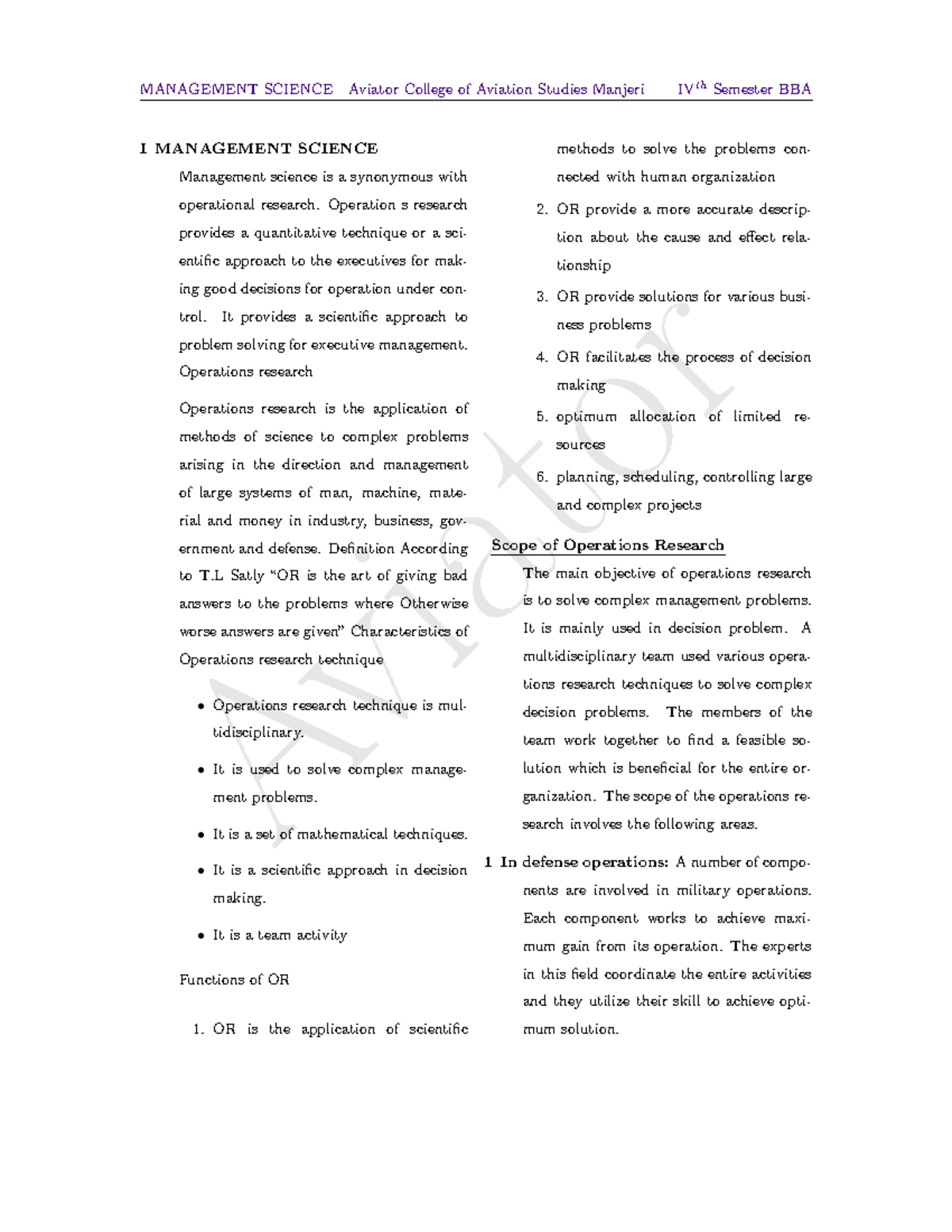 management science notes - Aviator I MANAGEMENT SCIENCE Management ...