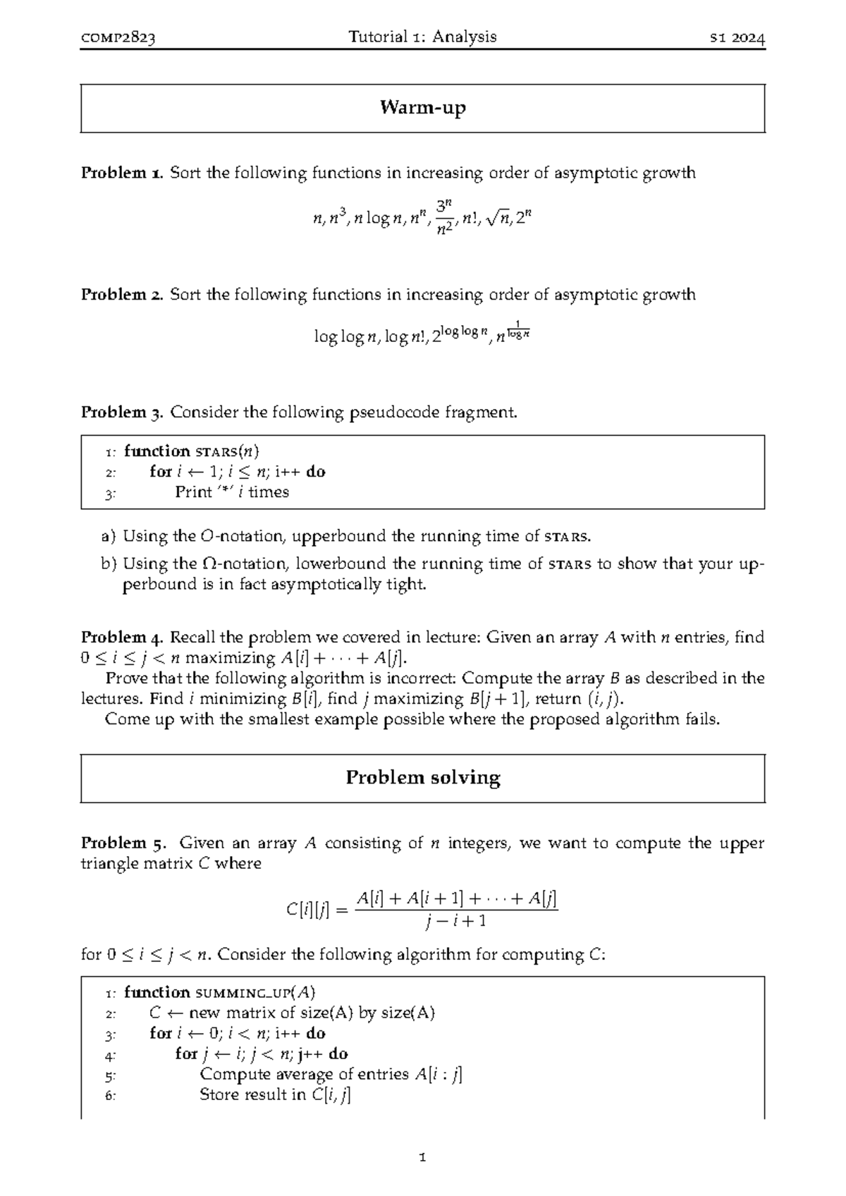 Tutorial 1 - comp2823 Tutorial 1 : Analysis s1 2024 Warm-up Problem 1 ...