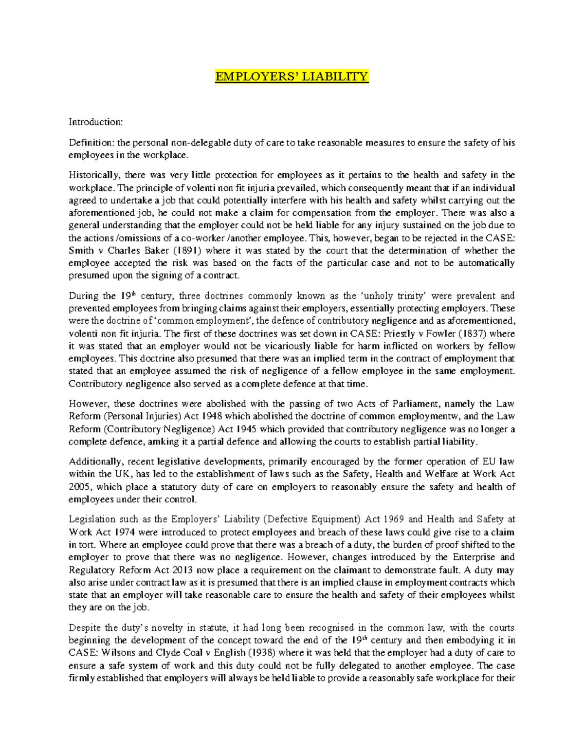 Employers’ Liability - notes - EMPLOYERS’ LIABILITY Introduction ...