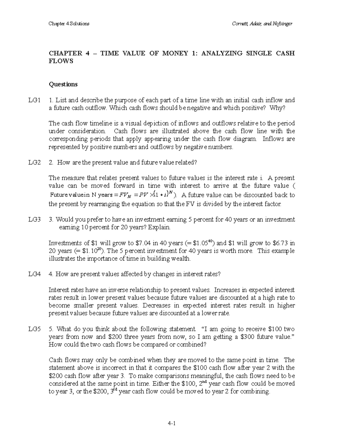 Tutorial work - 4 - CHAPTER 4 – TIME VALUE OF MONEY 1: ANALYZING SINGLE ...