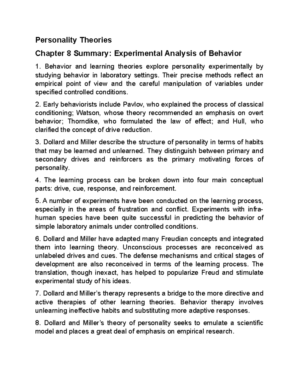 Experimental Analysis of Behavior - Personality Theories Chapter 8 ...
