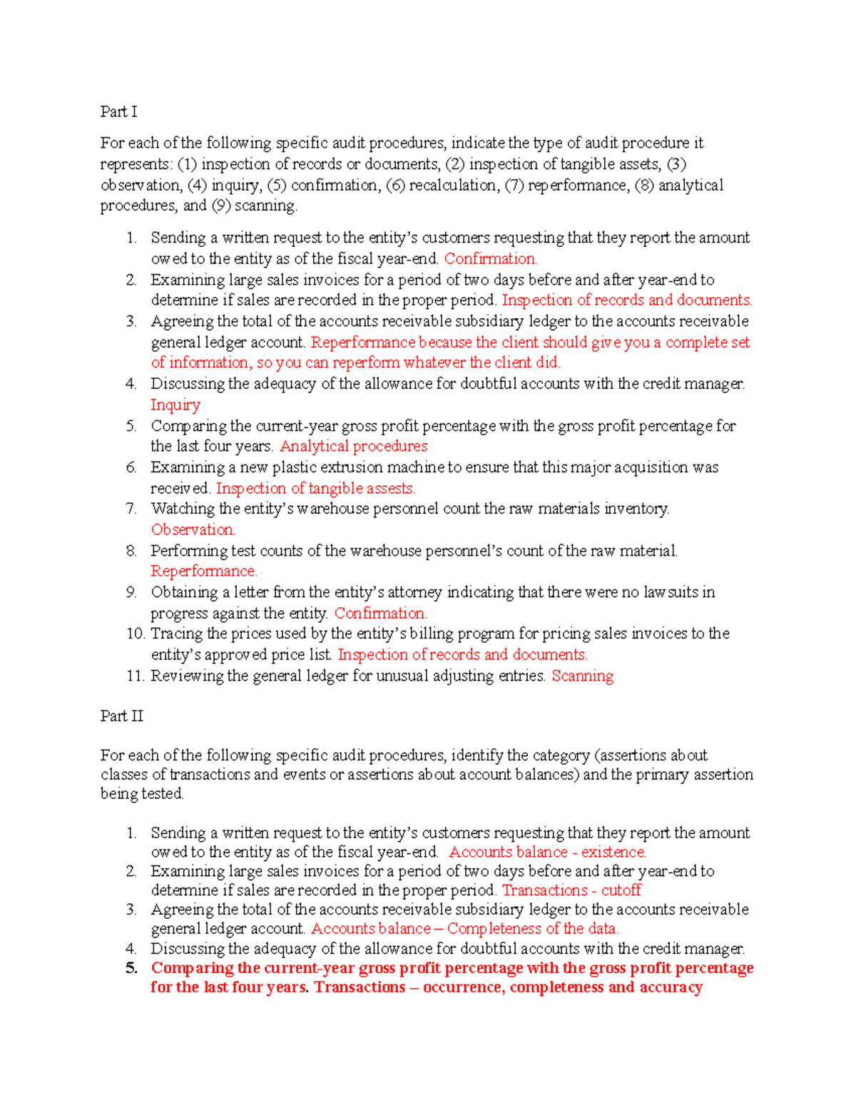 In-class practice audit procedures and assertions - Part I For each of ...