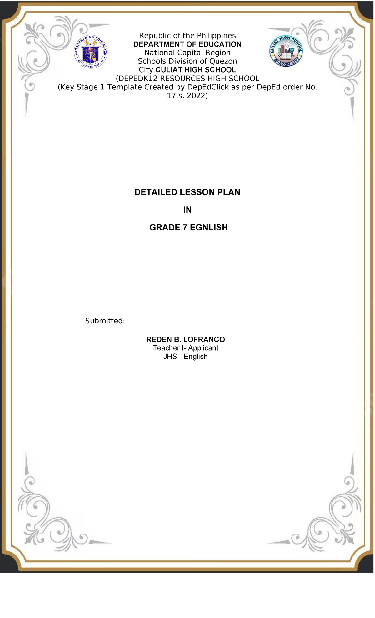 Lesson PLAN English - ( Detailed} - Republic of the Philippines ...