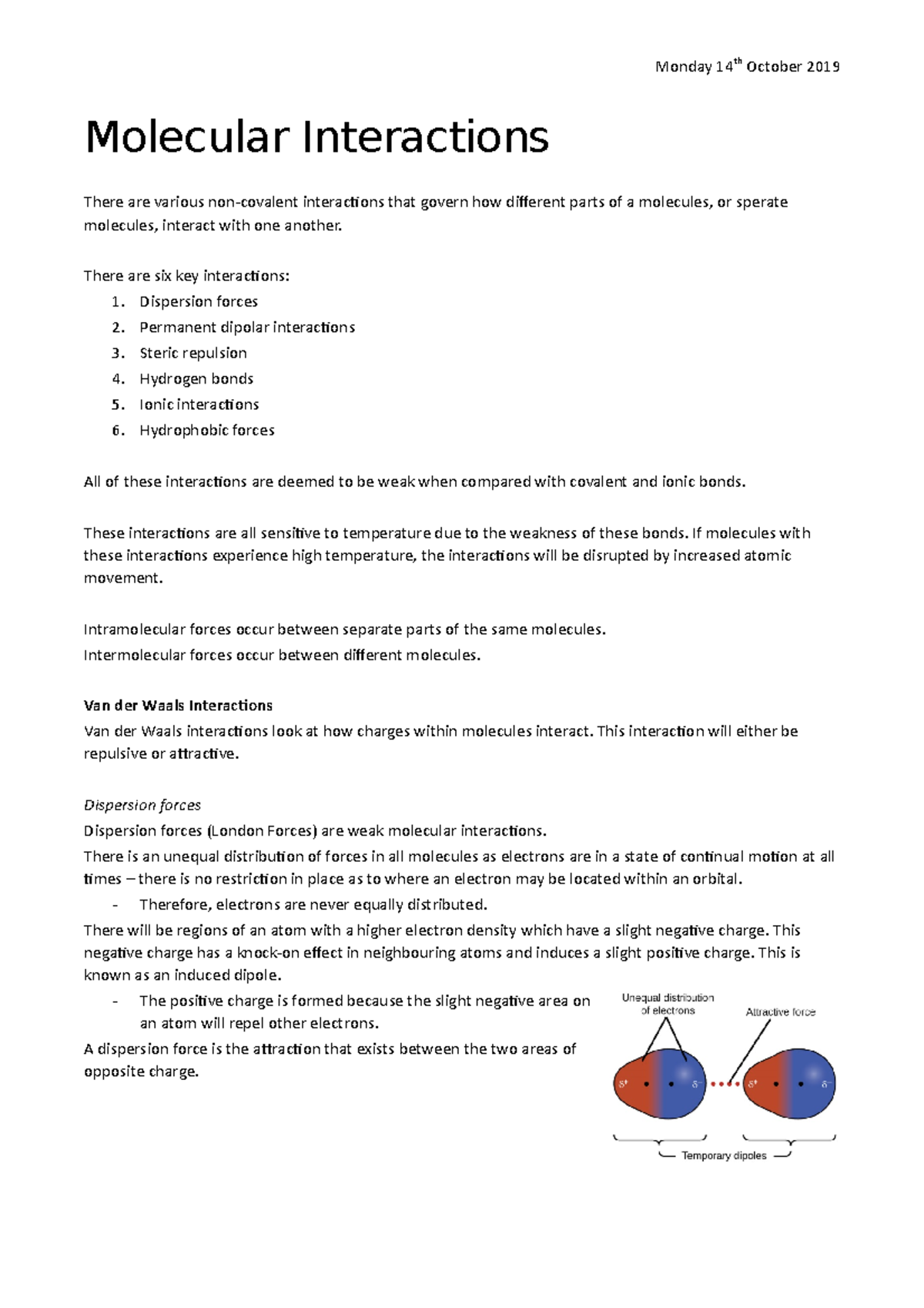Week 4 - Molecular Interactions - Monday 14th October 2019 Molecular ...
