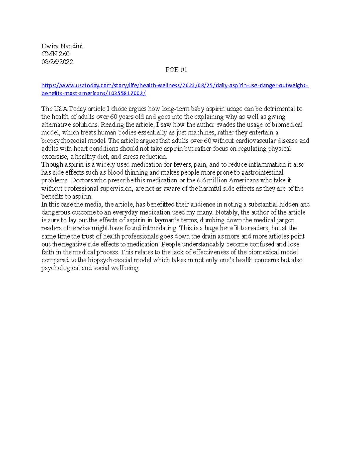 POE 1 - PEO #1 Answer - Dwira Nandini CMN 260 08/26/ POE # - Studocu