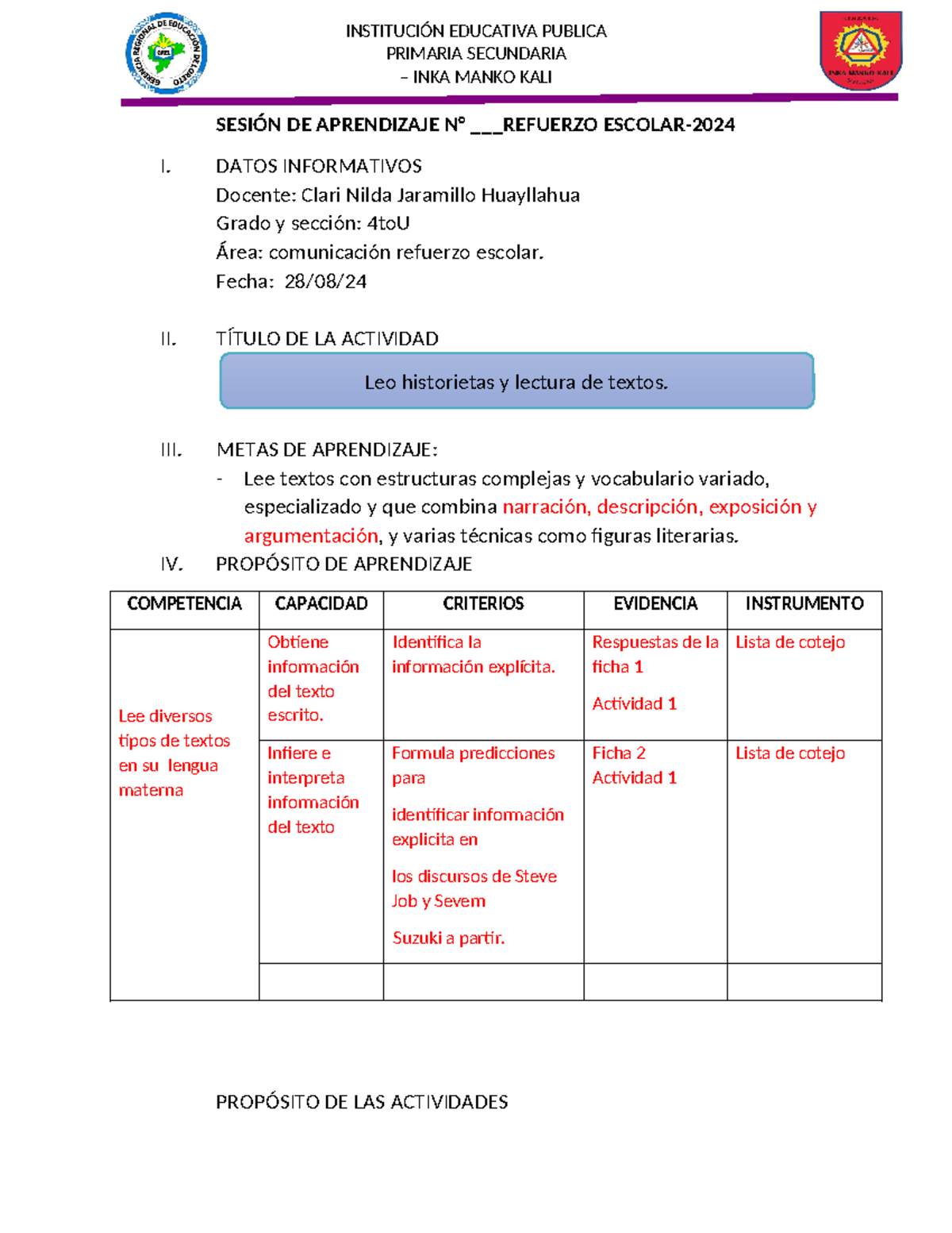 Sesion DE Aprendizaje Refuerzo Escolar - INSTITUCIÓN EDUCATIVA PUBLICA PRIMARIA SECUNDARIA ...