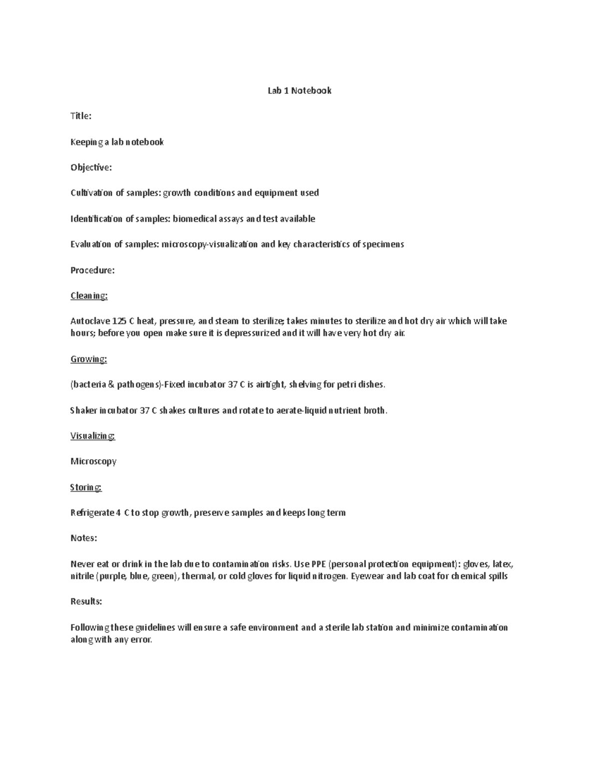 Lab 1 Notebook - Lab 1 Notebook Title: Keeping a lab notebook Objective ...