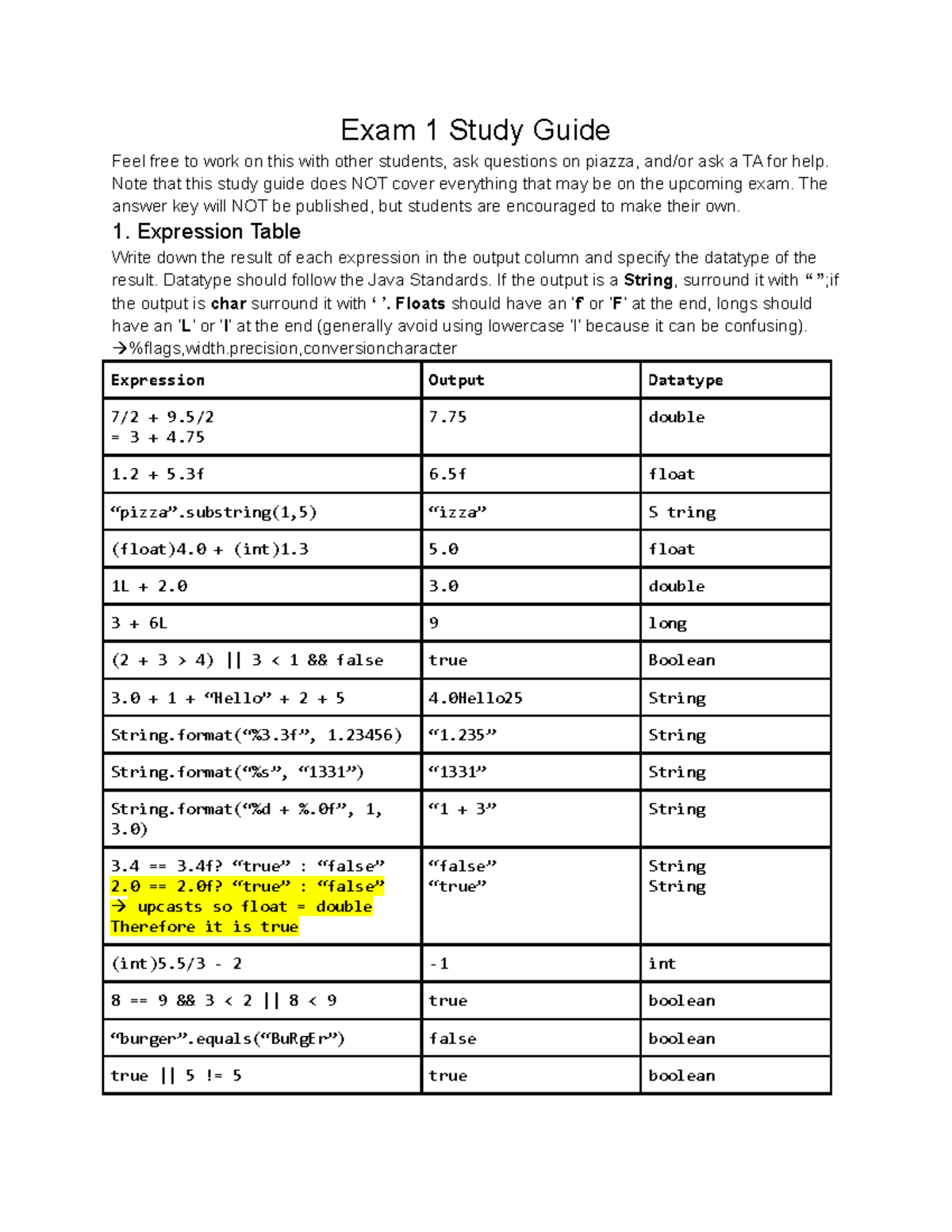 Exam 1 Study Guide - Exam 1 Study Guide Feel free to work on this with ...