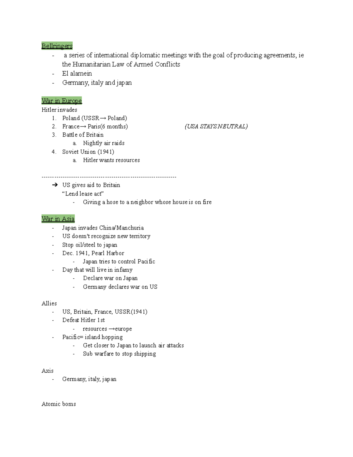 History Notes - Bellringers - a series of international diplomatic ...