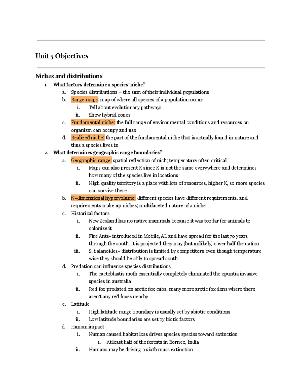 Ecology & Evolution Final Unit 5 and 6 Study Guide - Unit 5 Objectives Niches and distributions ...