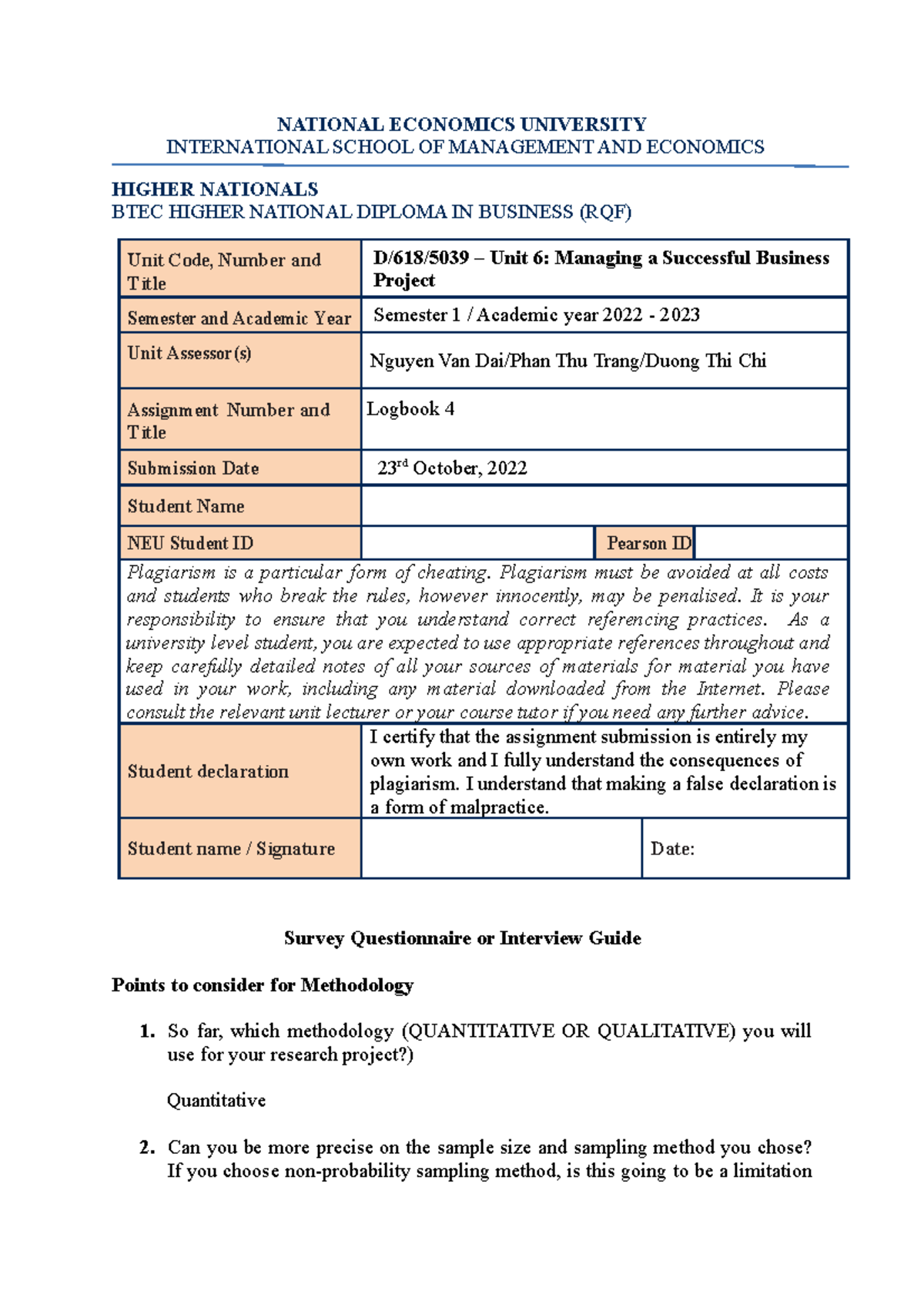 Logbook 4-Methodology - NATIONAL ECONOMICS UNIVERSITY INTERNATIONAL ...