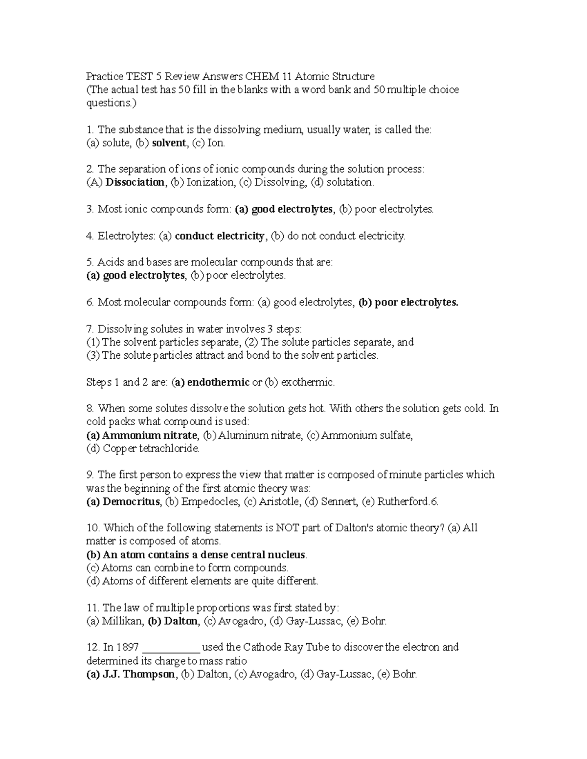 Answers online Atomic Structure test2 - Practice TEST 5 Review Answers ...