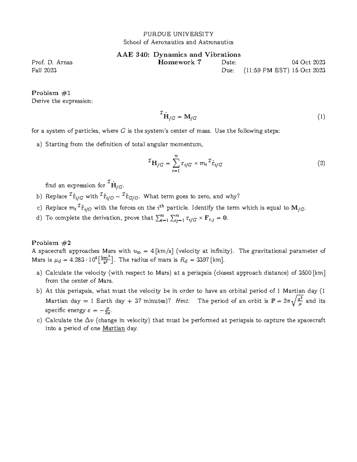 2023 aae340 hw07 multi particle - PURDUE UNIVERSITY School of Aeronautics and Astronautics AAE ...