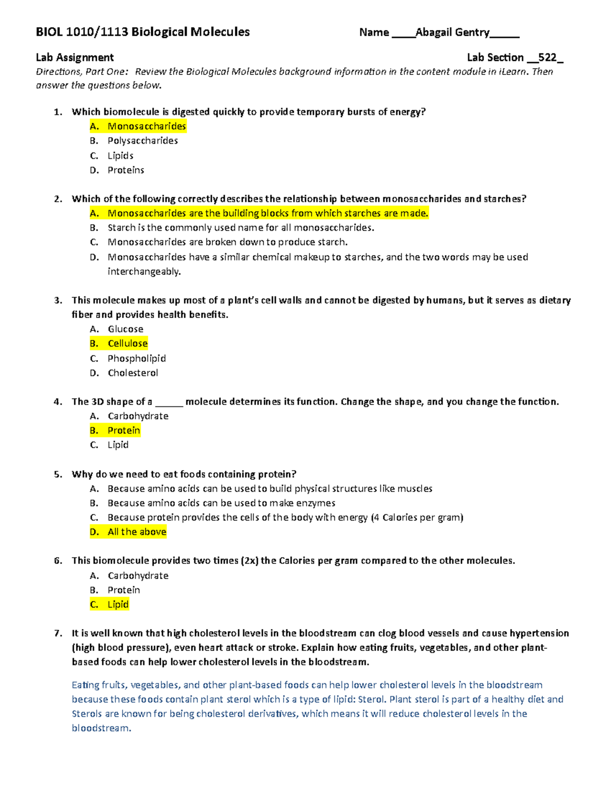 BIOL 1010 and 1113 Biomolecules Assignment Gentry Abagail - BIOL 1010/ ...